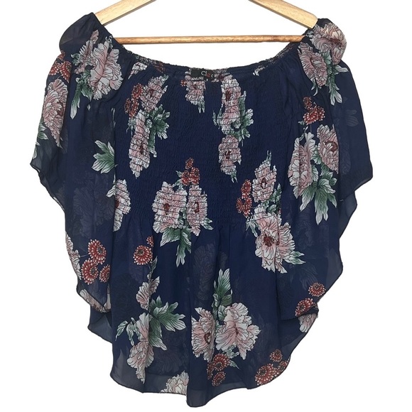 cleo | Tops | Cleo Sheer Floral Print Over The Shoulder Ruffle Blouse ...